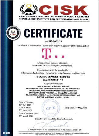 ISO sertifikati - Crnogorski Telekom